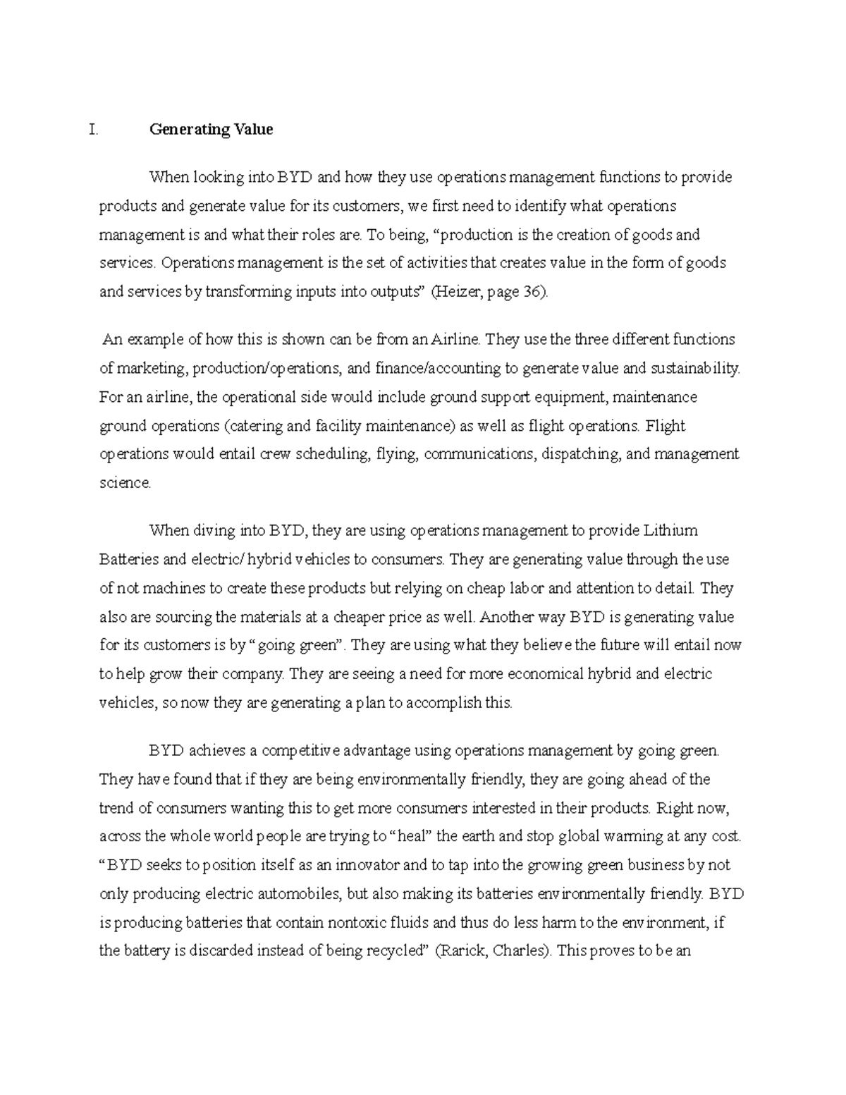 BYD milestone 1 - I. Generating Value When looking into BYD and how they use operations ...