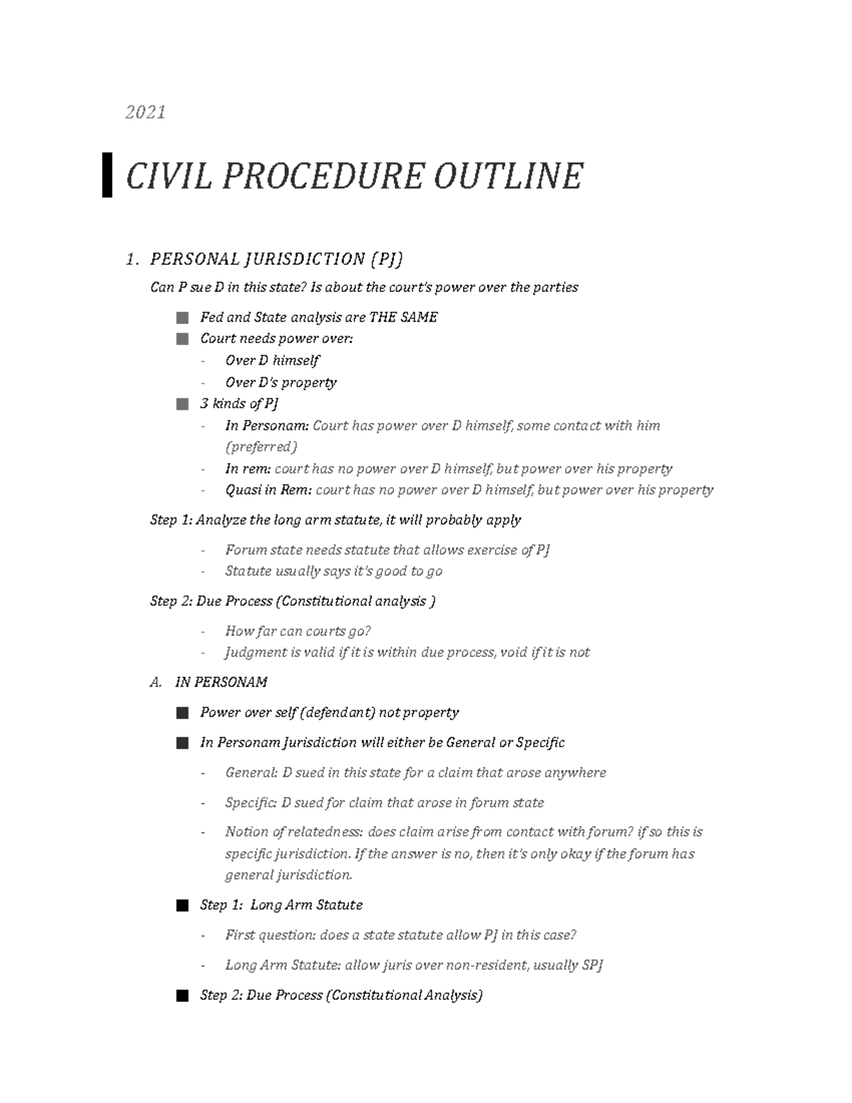 Civil Procedure Outline - 2021 CIVIL PROCEDURE OUTLINE 1. PERSONAL ...