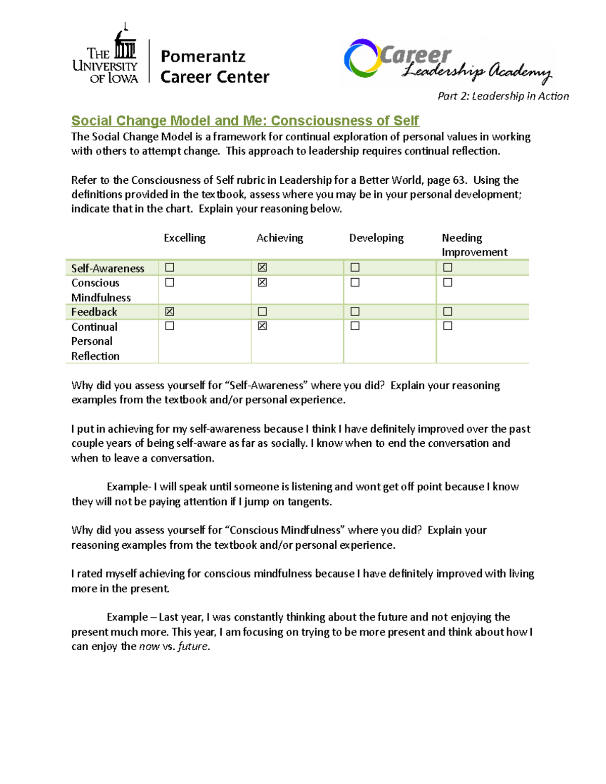 SCM Worksheet - Consciousness of Self - Part 2: Leadership in Action ...