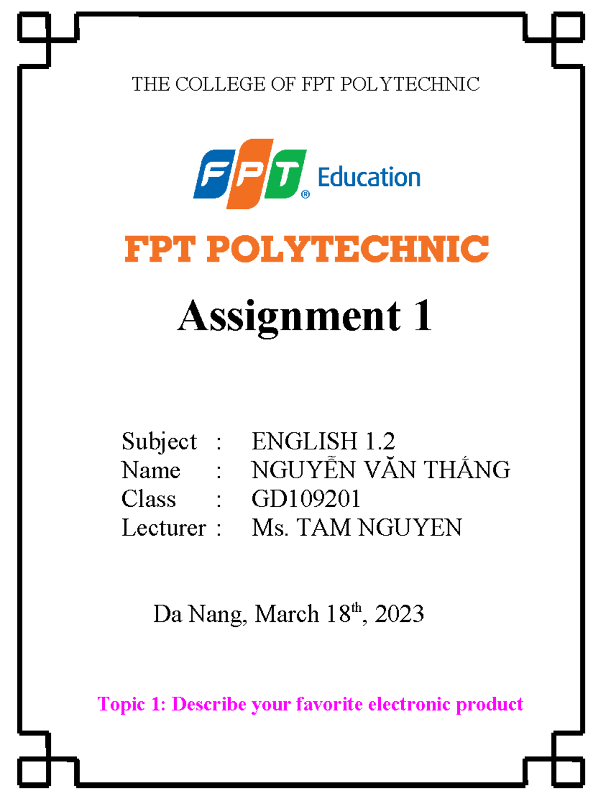 MẪu Assignment Nothing The College Of Fpt Polytechnic Assignment 1