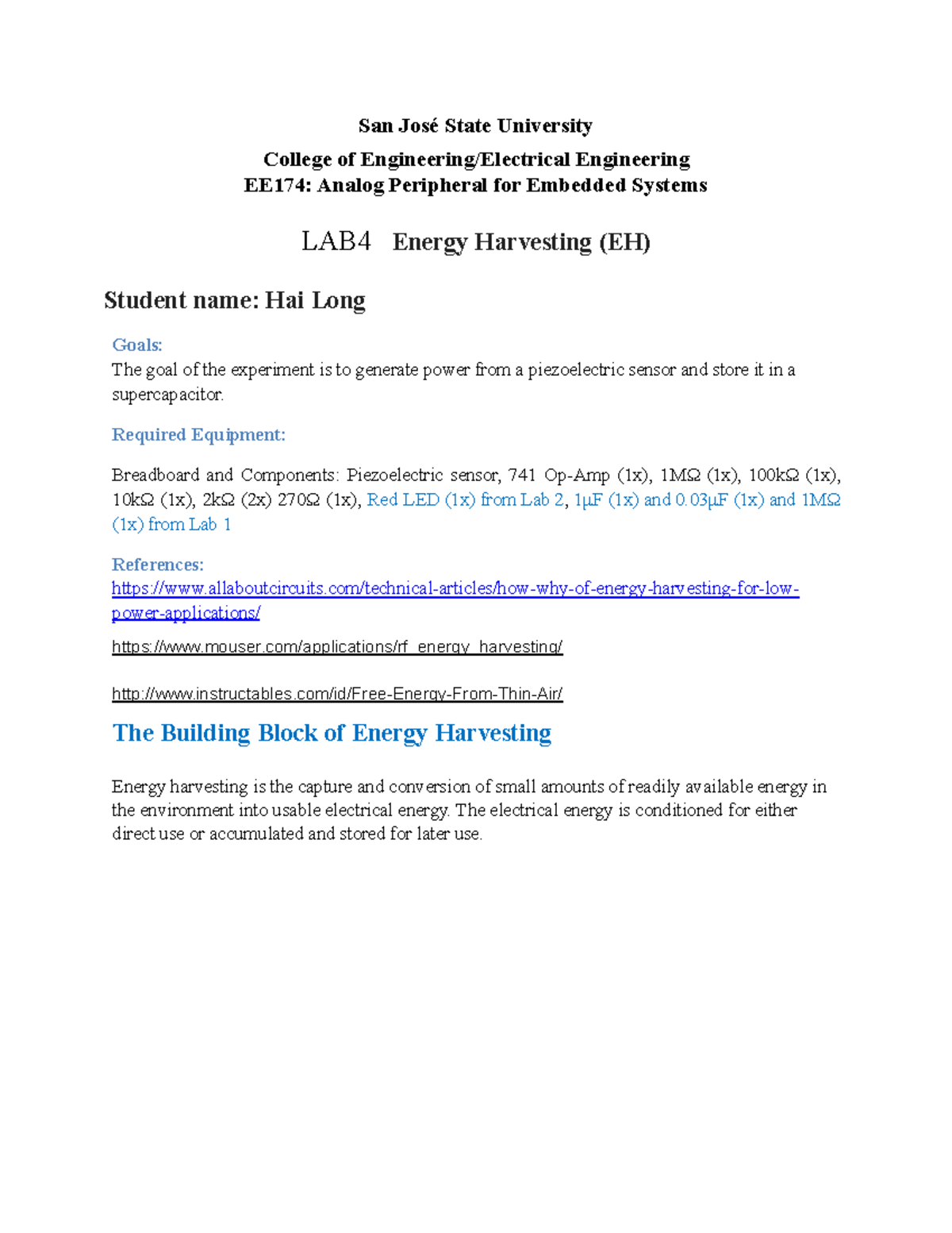 Lab4 Energy Harvesting - San José State University College of Engineering/Electrical Engineering ...