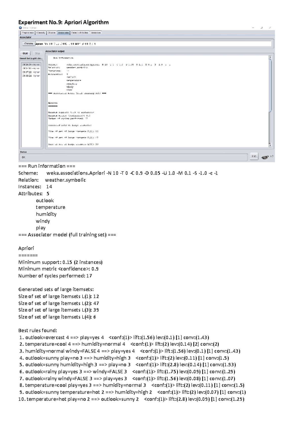 DWHM 9th exp - DWHM PRACTICAL - Experiment No: Apriori Algorithm === Run information === Scheme ...