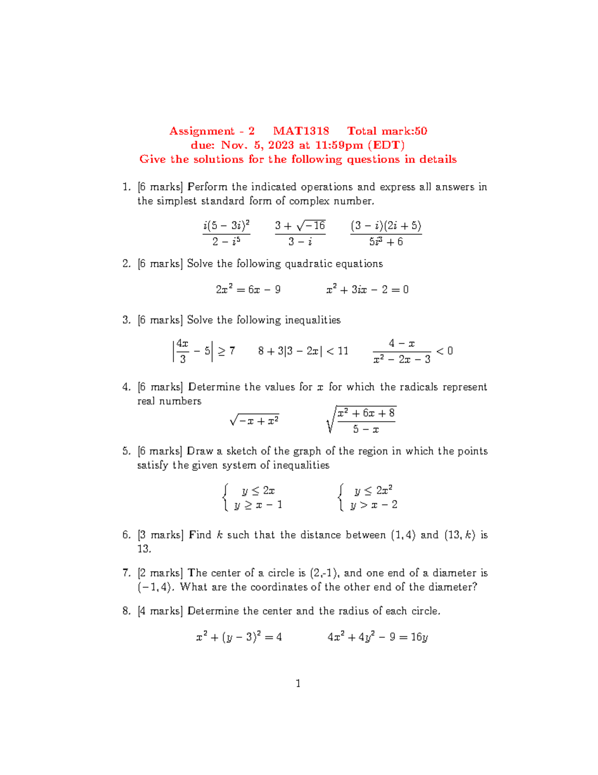 Assignment 2 1318 F23 Mandatory Assignement Assignment 2 Mat1318 Total Mark Due Nov 5