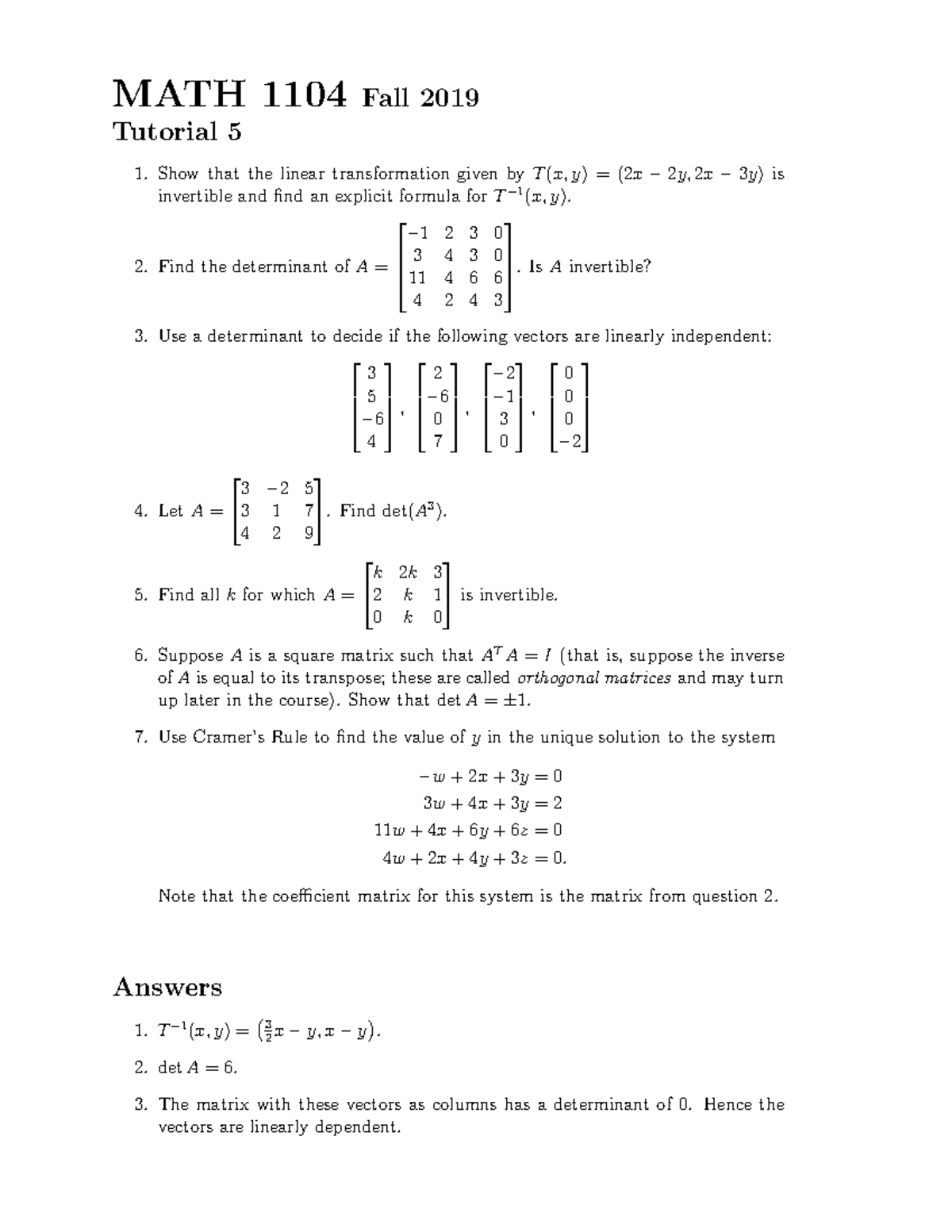 1104tutorial 5problems - MATH 1104 Fall 2019 Tutorial 5 Show that the linear transformation ...