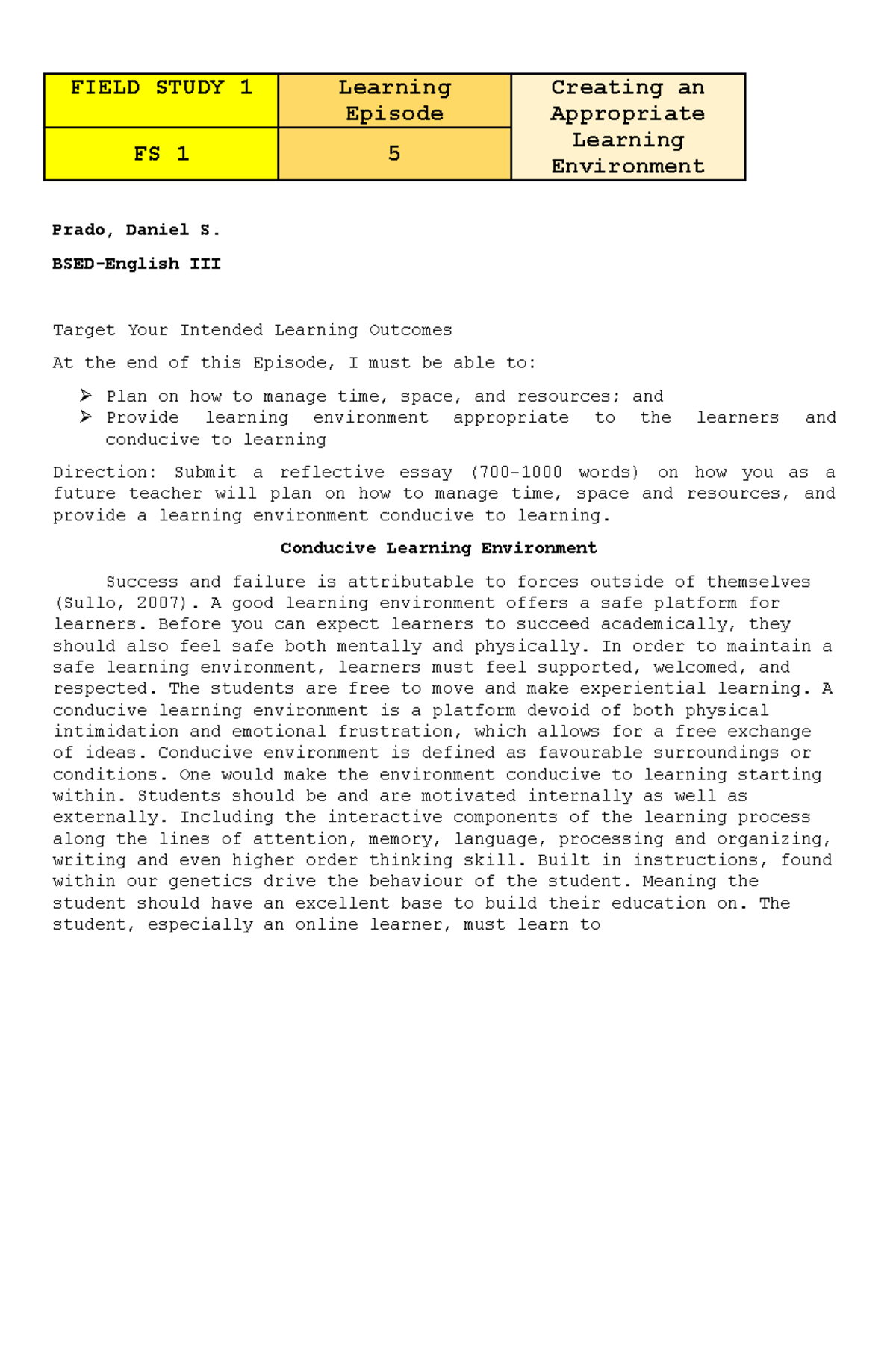 Fs1 - field study 1 - FIELD STUDY 1 Learning Episode Creating an ...