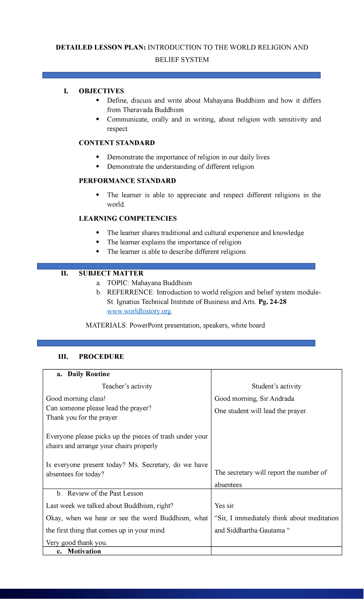 Mahayana Buddhism Detailed Lesson PLAN 111 - DETAILED LESSON PLAN ...