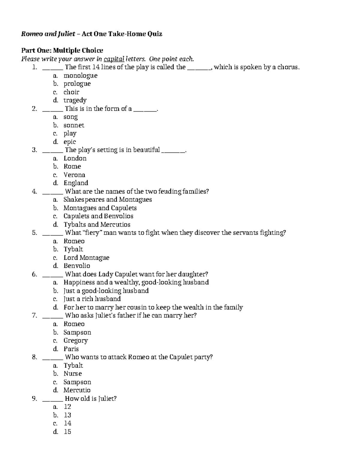 Act one quiz- romeo and juilet - Romeo and Juliet – Act One Take-Home ...