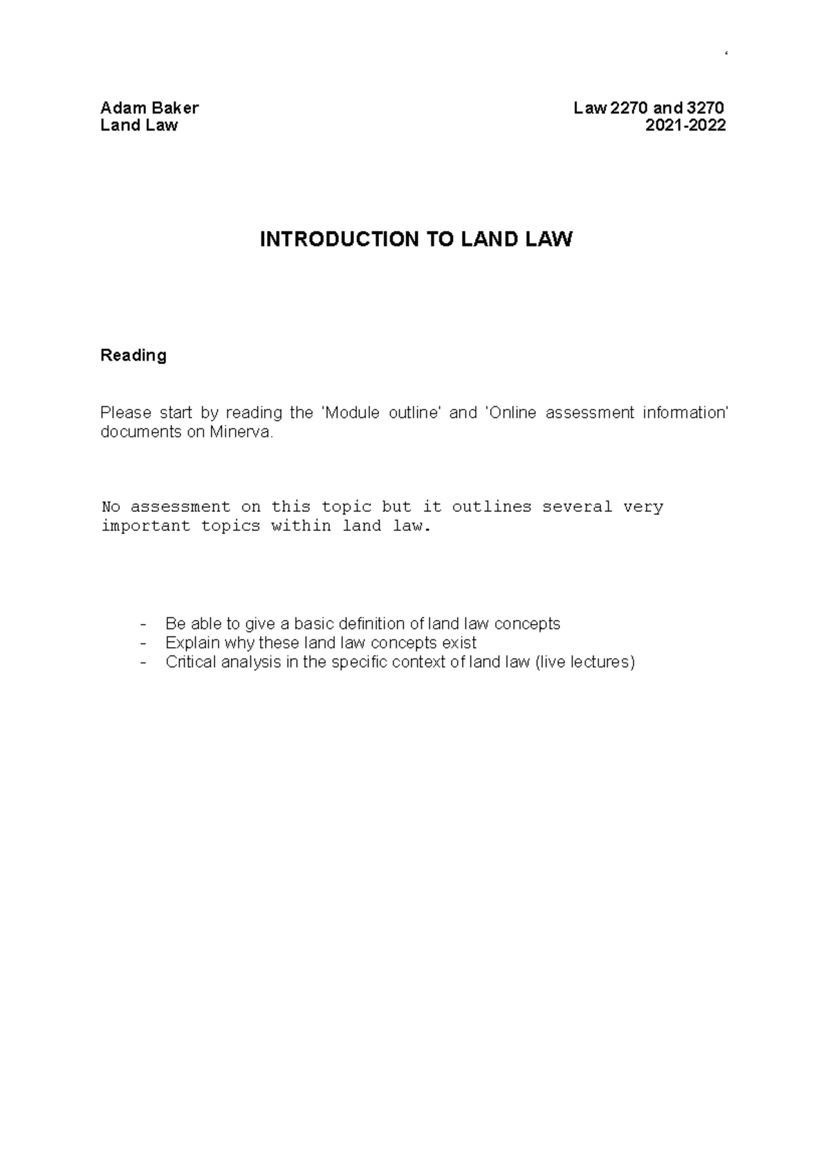 Land law handout - one - Land law lecture notes - Adam Baker Law 2270 ...