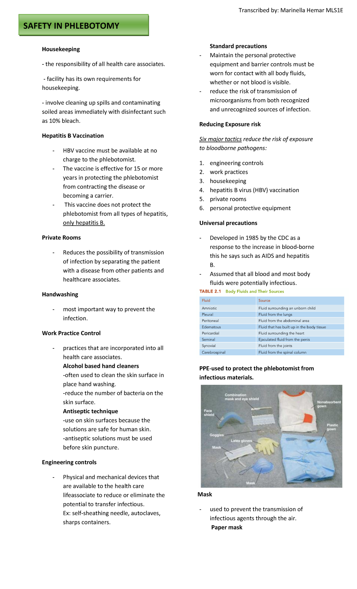 Safety IN Phlebotomy transes - Housekeeping the responsibility of all ...