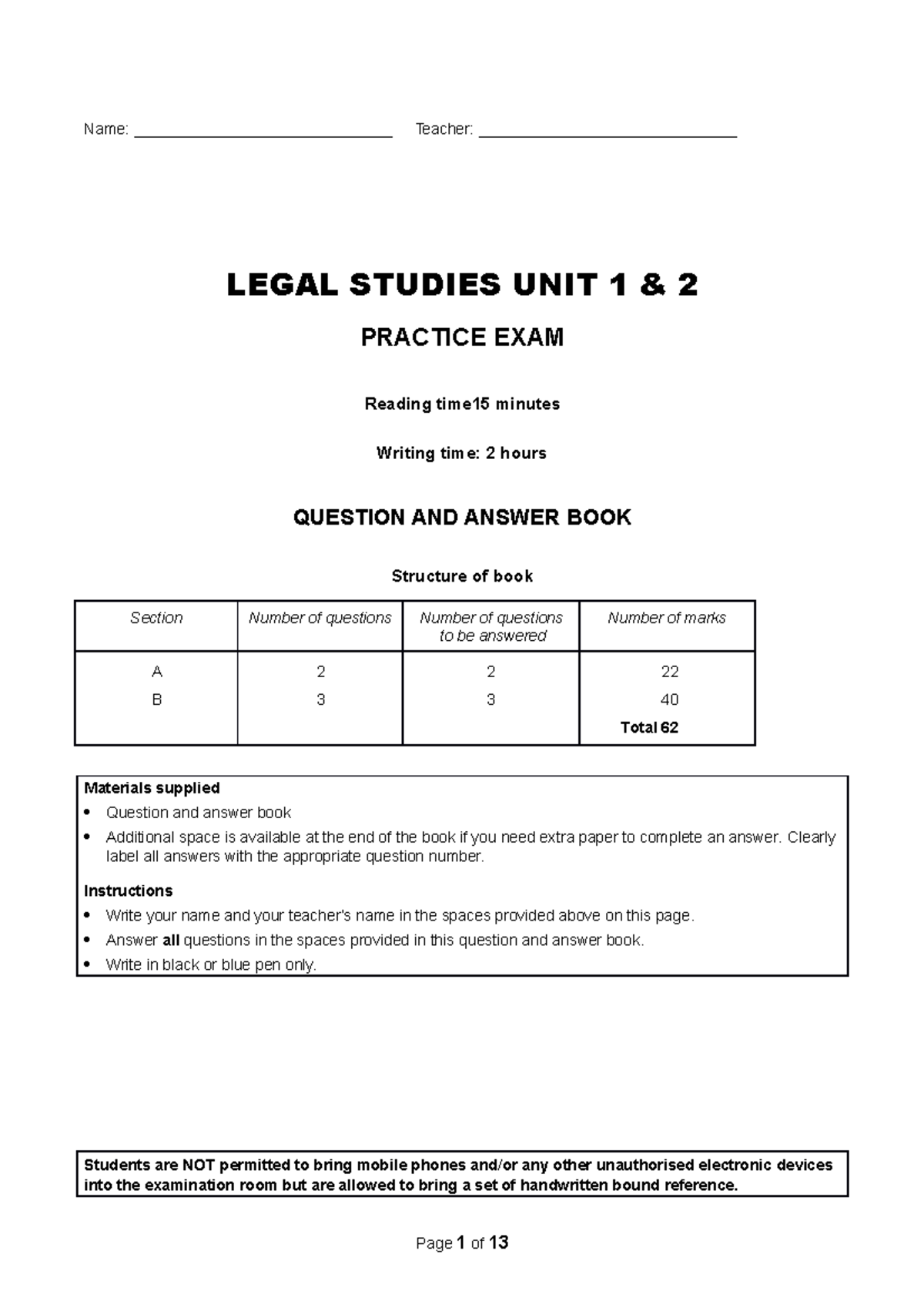 2020 Legal Studies Practise EXAM - Name ...