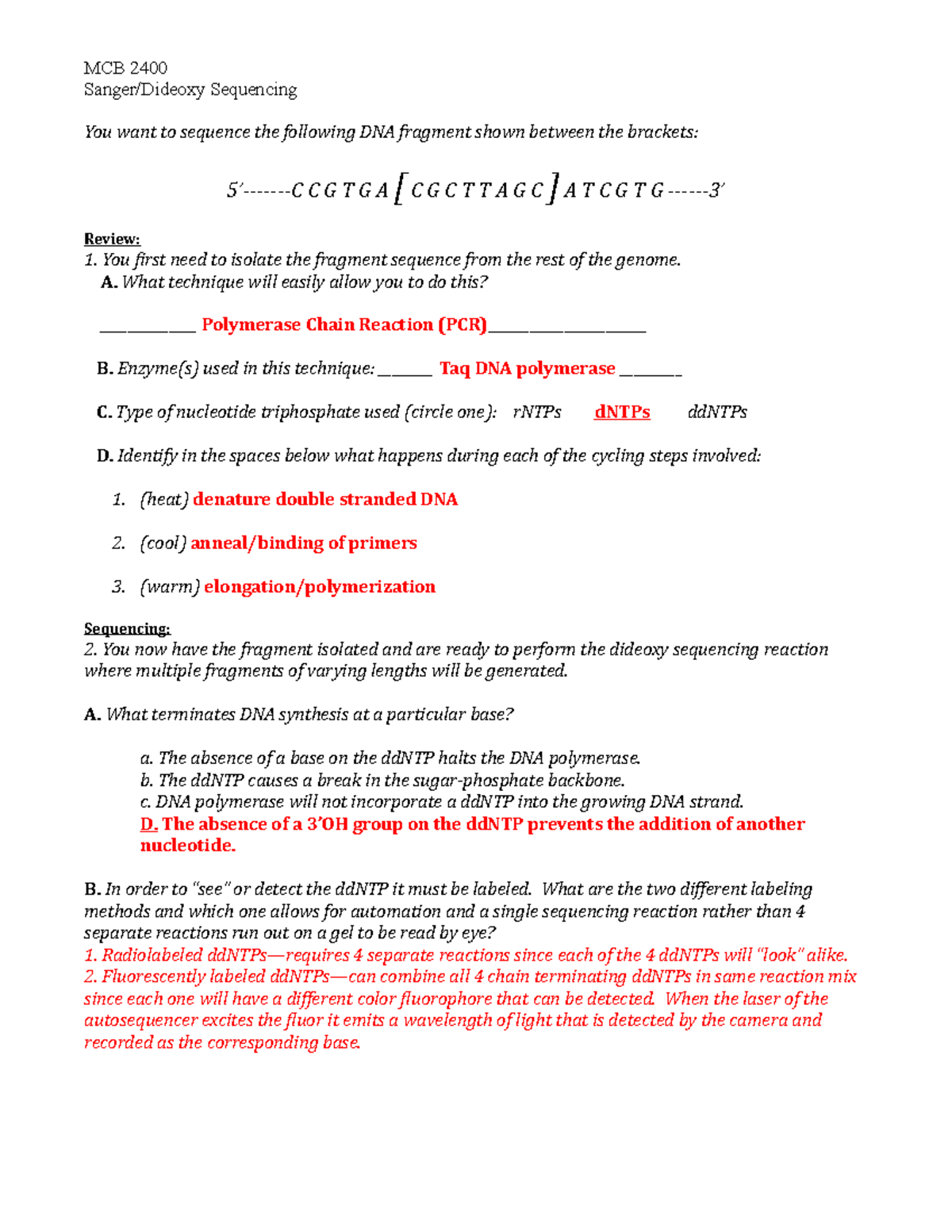Sanger Sequencing Worksheet Key(1) - Sanger/Dideoxy Sequencing You want ...