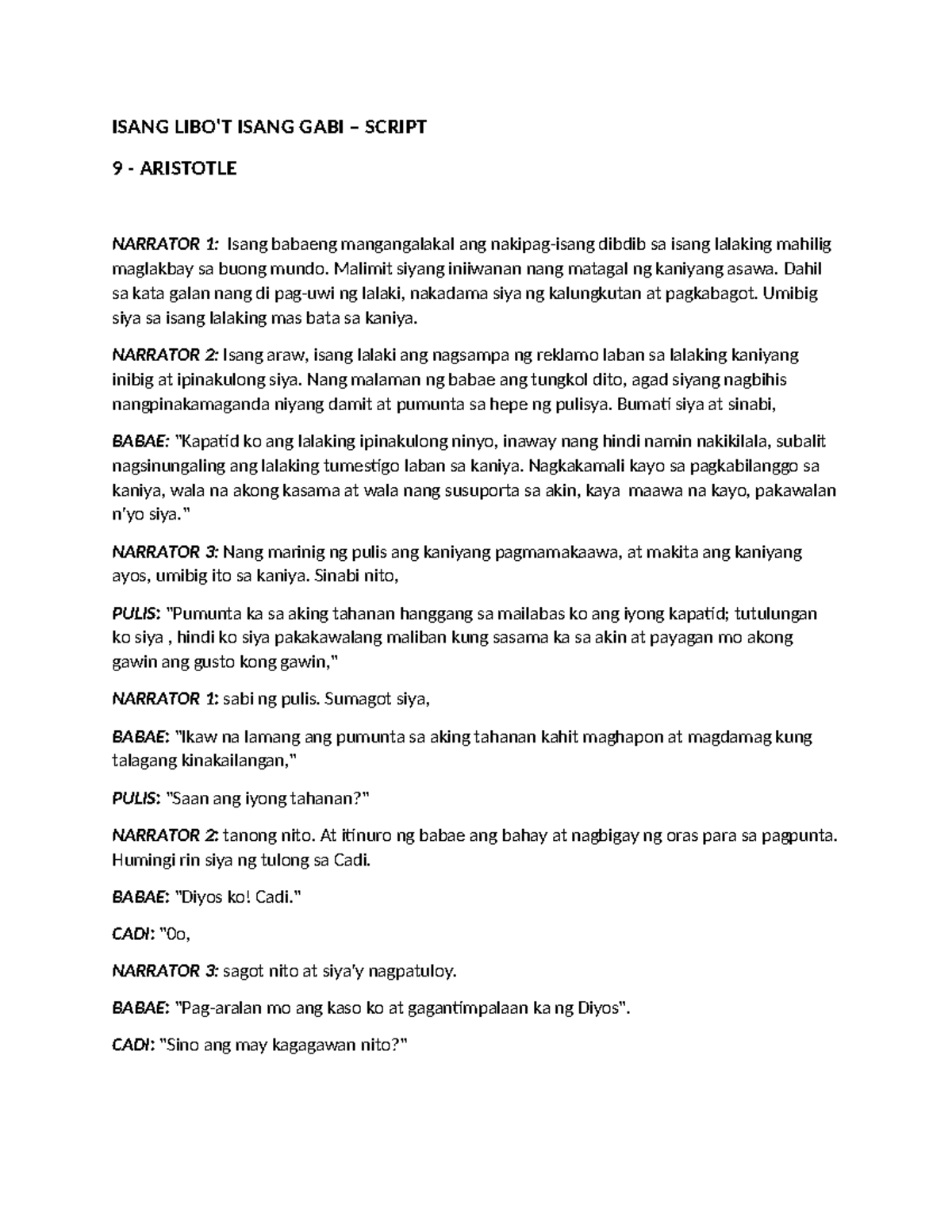 Isang LIBO'T Isang GABI Script - ISANG LIBO'T ISANG GABI – SCRIPT 9 - ARISTOTLE NARRATOR 1 ...