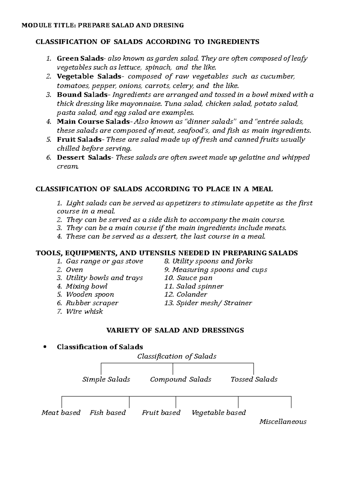 Salad Module - MODULE TITLE: PREPARE SALAD AND DRESING CLASSIFICATION ...