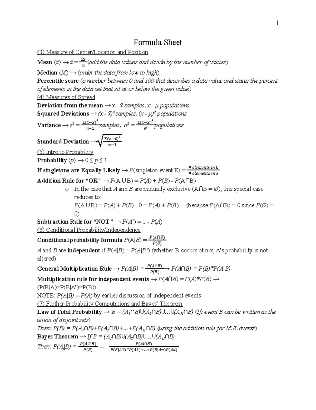 STAT 213-02 Formula Sheet - Formula Sheet (3) Measure of Center ...