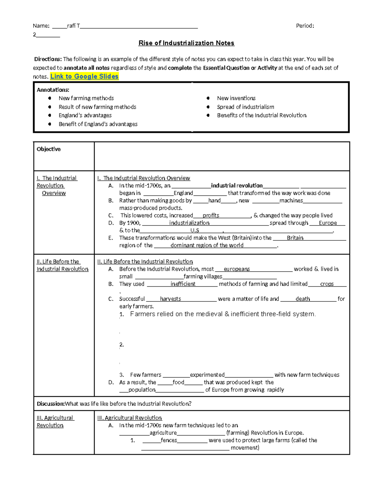 Rise of Industrialization Notes - Name: rafi T ...