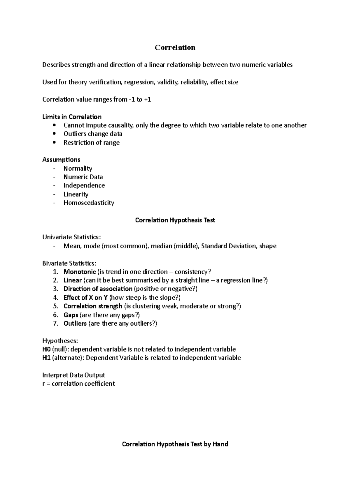Correlation notes - Correlation Describes strength and direction of a ...