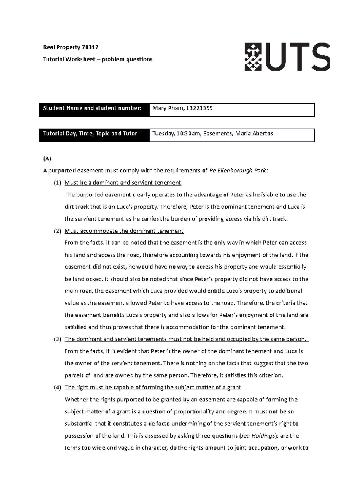 Tutorial 5 - Easements - 7/8 for the worksheet - Real Property 70317 ...
