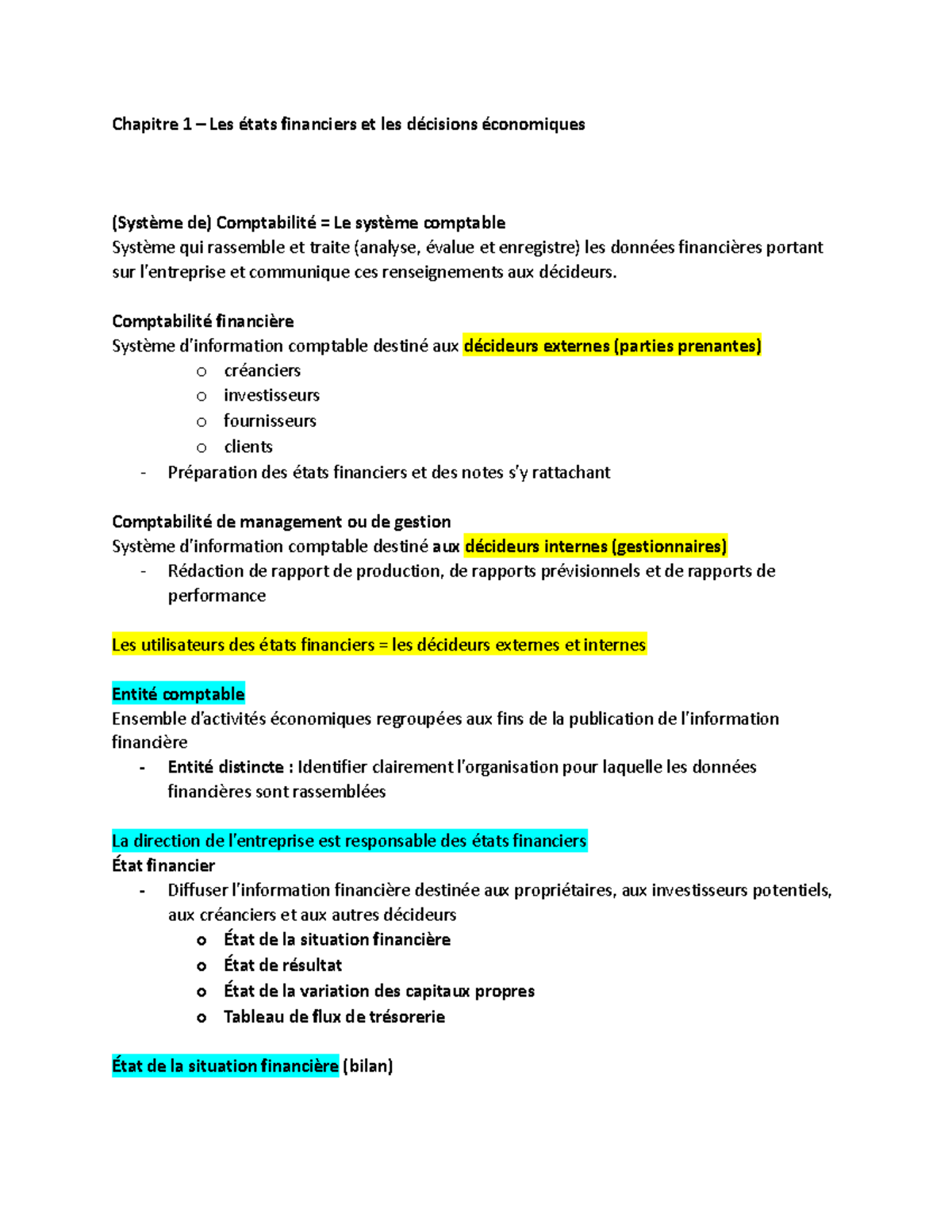 ADM 1740 - notes - Chapitre 1 – Les états financiers et les décisions ...