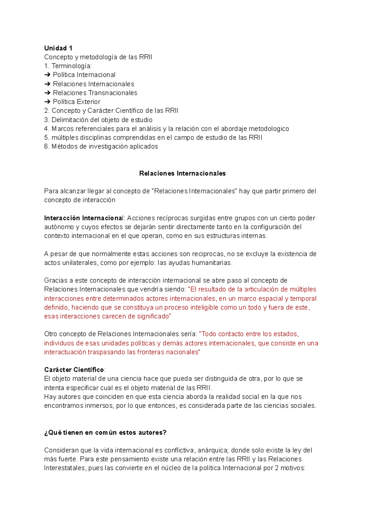 Resumen parcial In RRII - Unidad 1 Concepto y metodología de las RRII ...