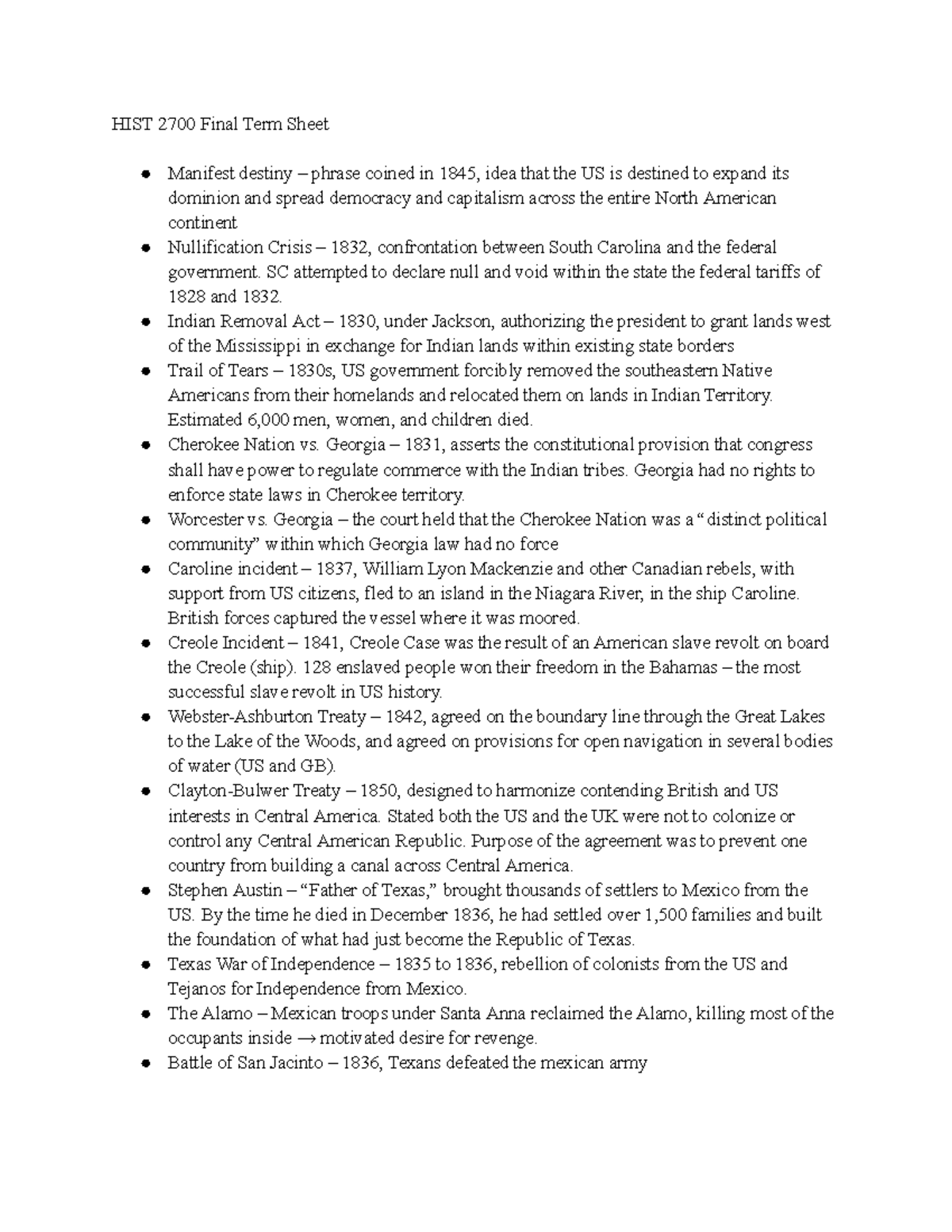 HIST 2700 Final Term Sheet - HIST 2700 Final Term Sheet Manifest ...