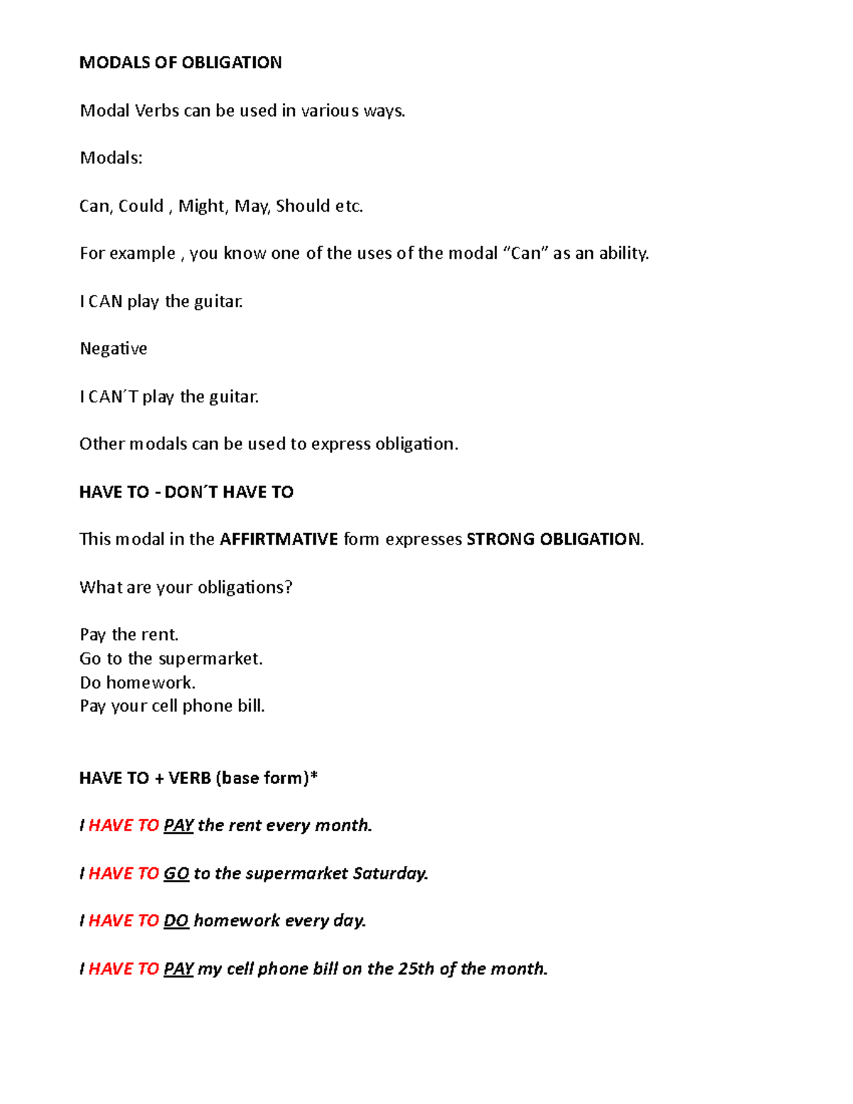 11 Modals OF Obligation UNIT 7C - MODALS OF OBLIGATION Modal Verbs can ...