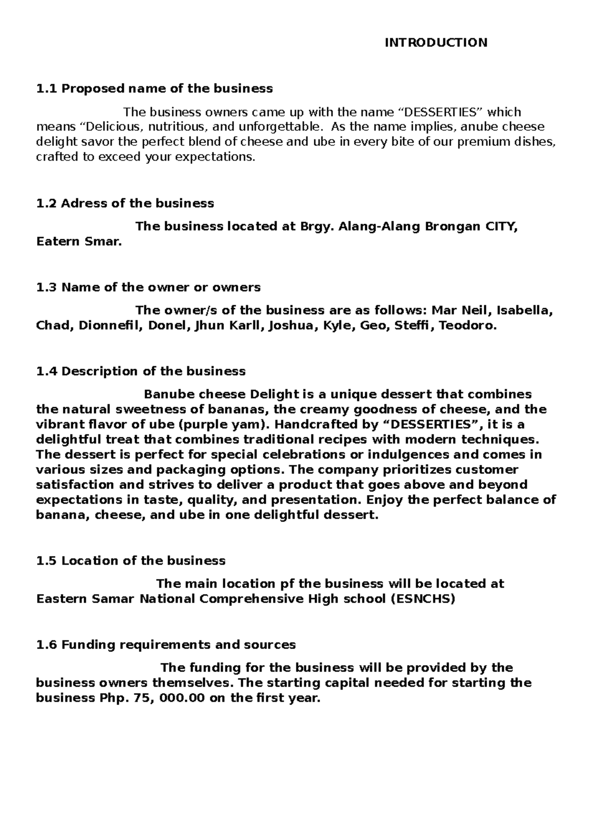 Business plan 11stem Ddawdaw - INTRODUCTION 1 Proposed name of the ...