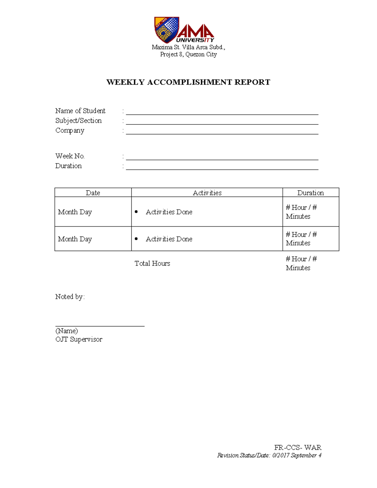 Weekly Accomplishment Report - Maxima St. Villa Arca Subd., Project 8 ...