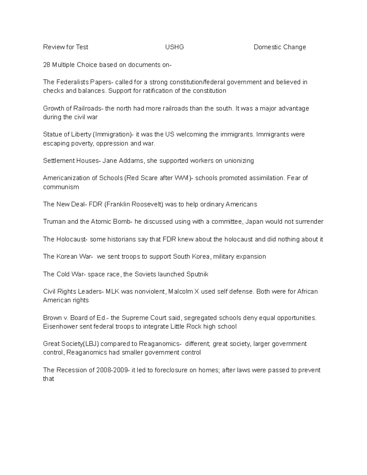 Copy of Review for Test USHG Domestic Change - Review for Test USHG ...