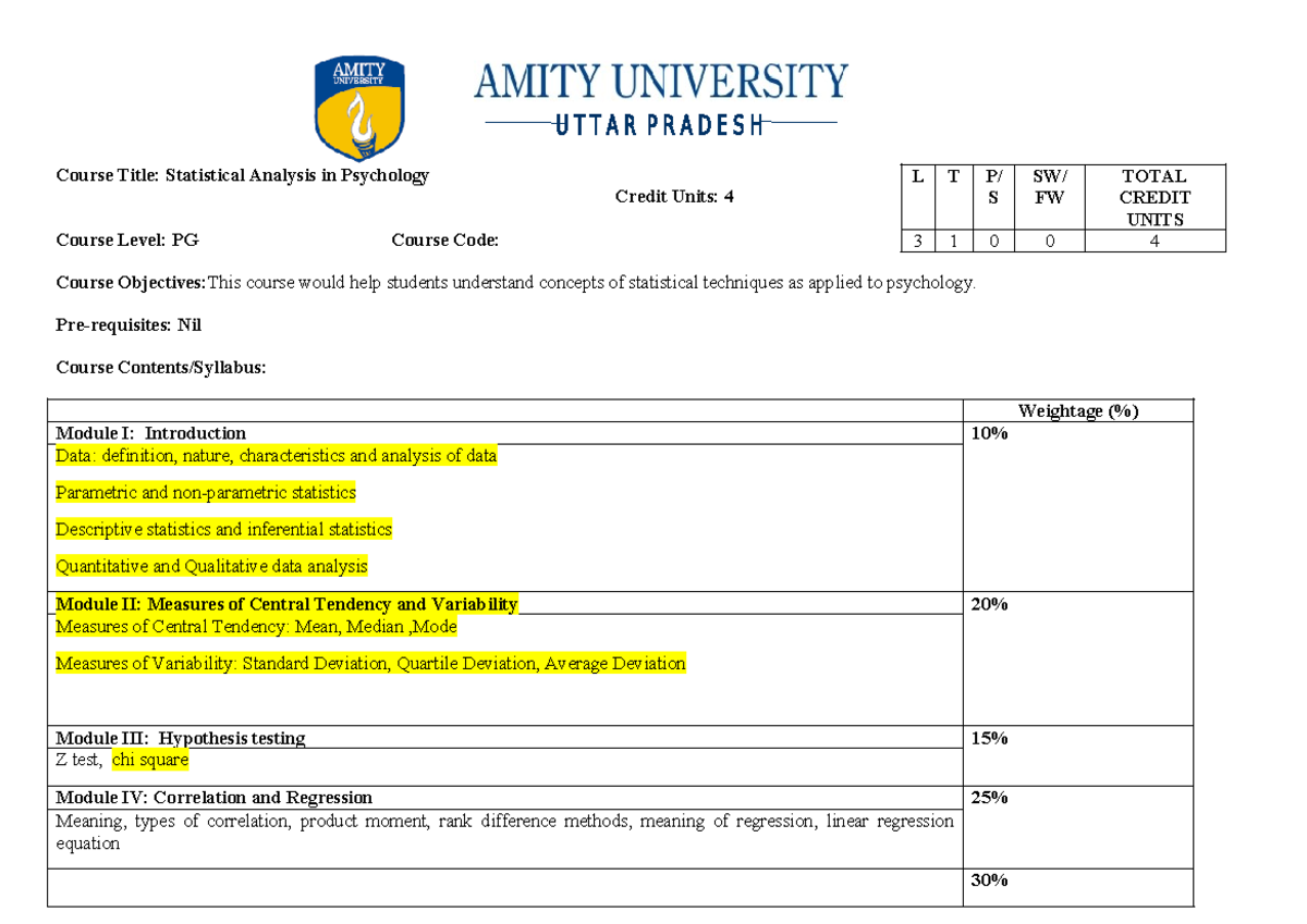 spss mandatory assignments - Course Title: Statistical Analysis in Psychology Credit Units: 4 ...