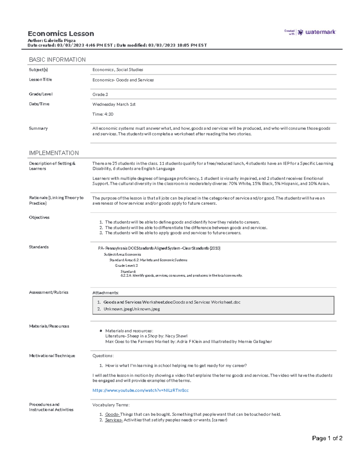 Economics Lesson Plan - Economics Lesson Author: Gabriella Pigza Date ...