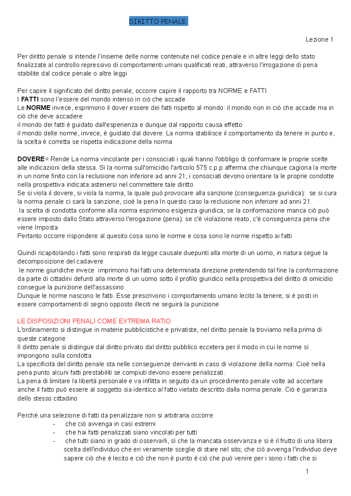 Diritto Penale - DIRITTO PENALE Lezione 1 Per diritto penale si intende ...