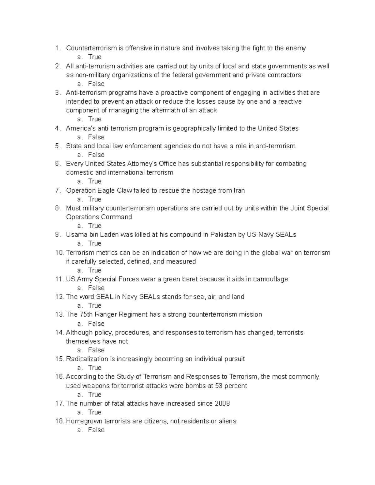 Quiz Five - unit five quiz practice materials - Counterterrorism is ...