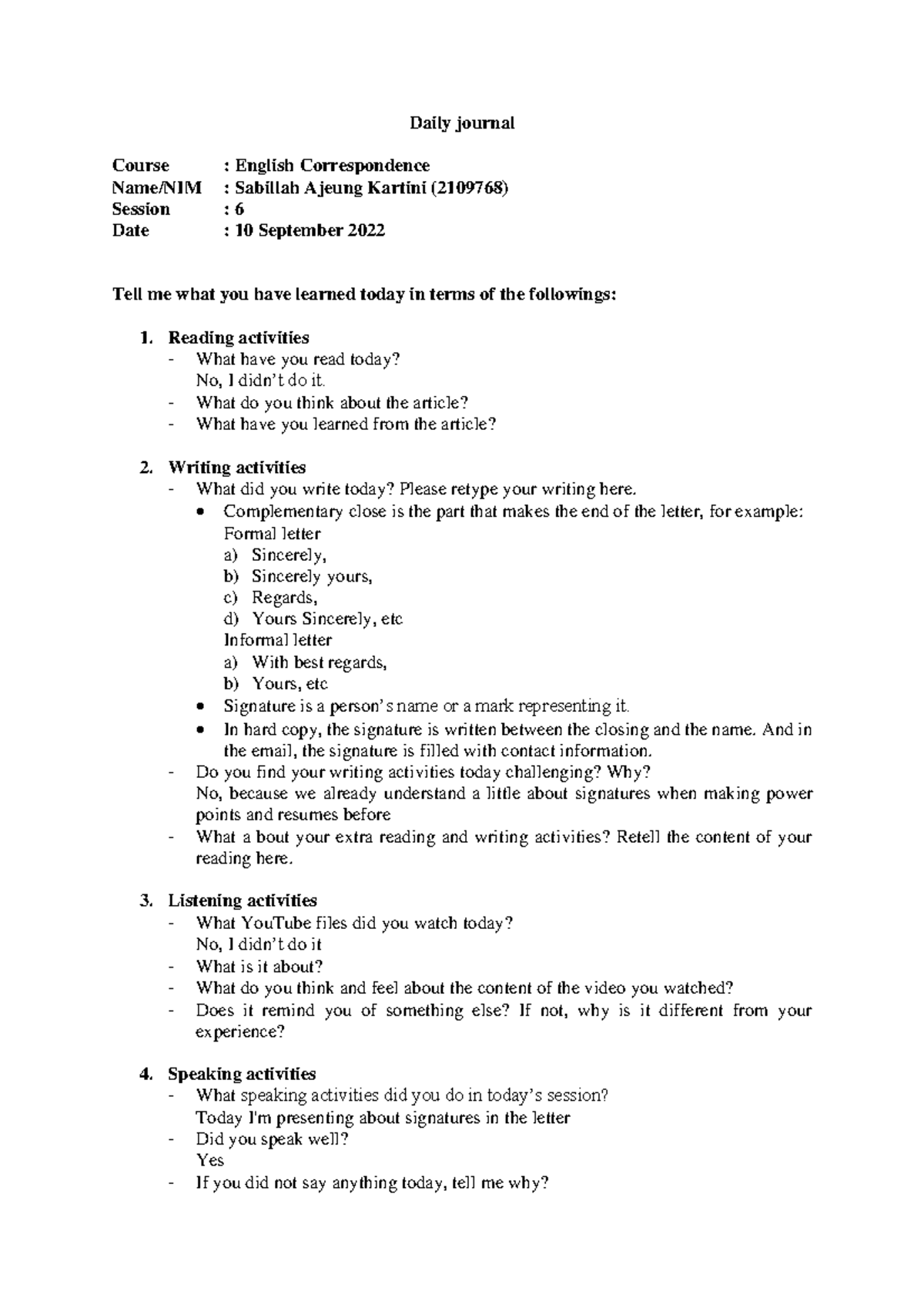 Daily journal at English Course to reflect student's understanding ...