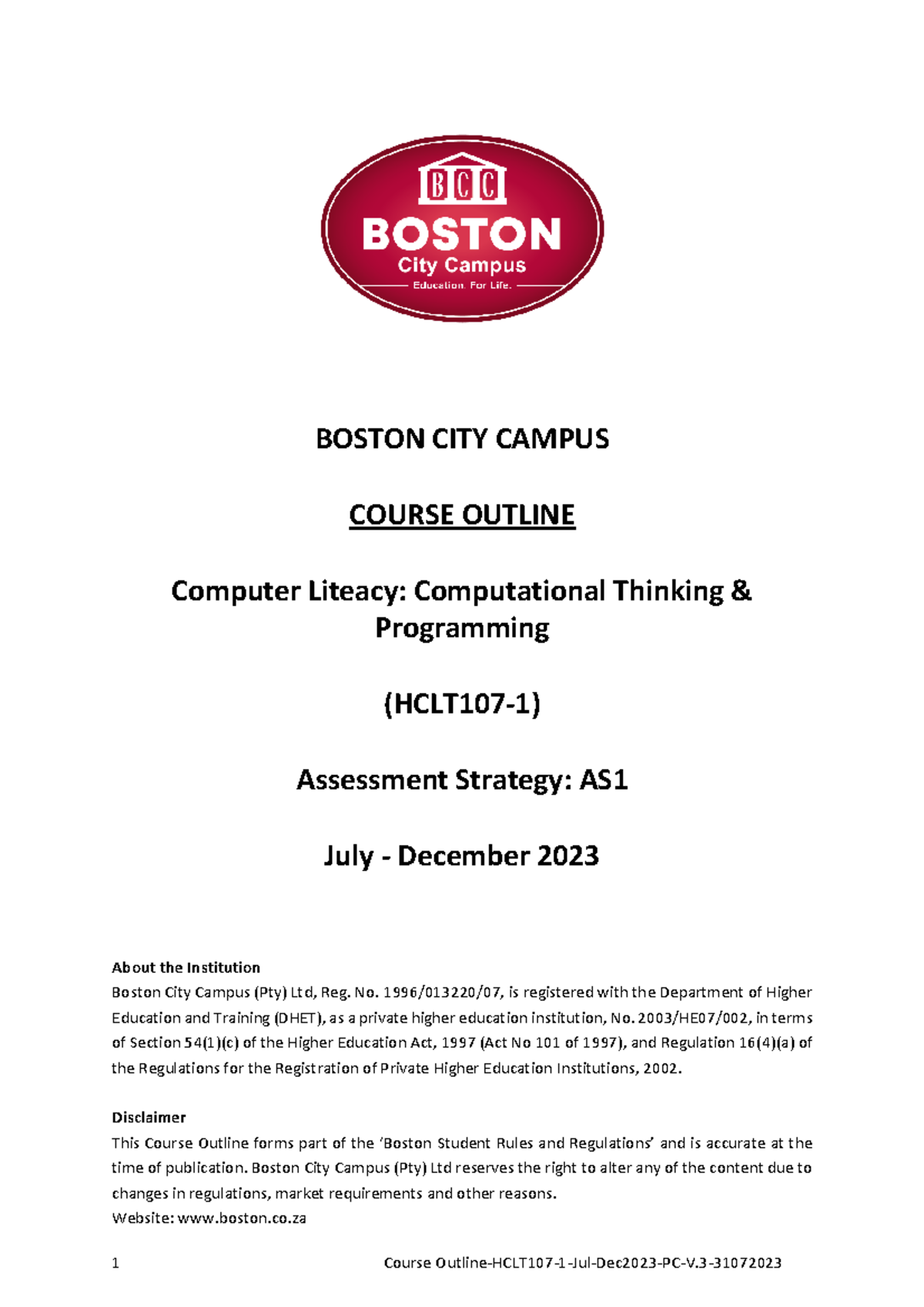 Course Outline HCLT107 1 Jul Dec2023 PC V - BOSTON CITY CAMPUS COURSE ...