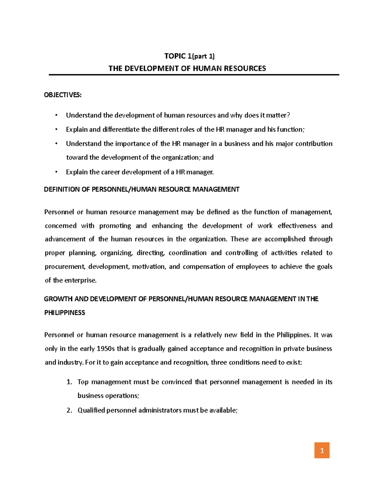HRM Topic 1 THE Development OF Human Resources (part 1) - TOPIC 1(part ...