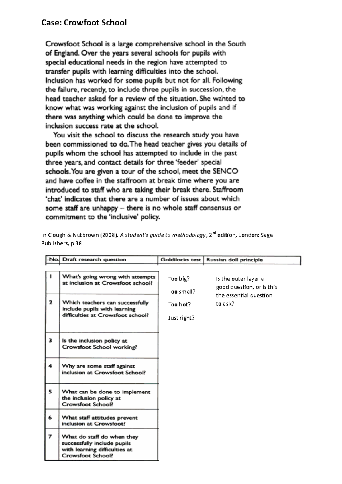 Exercise 1 Goldilocks - Case study - BUSN10010 - Case: Crowfoot School ...