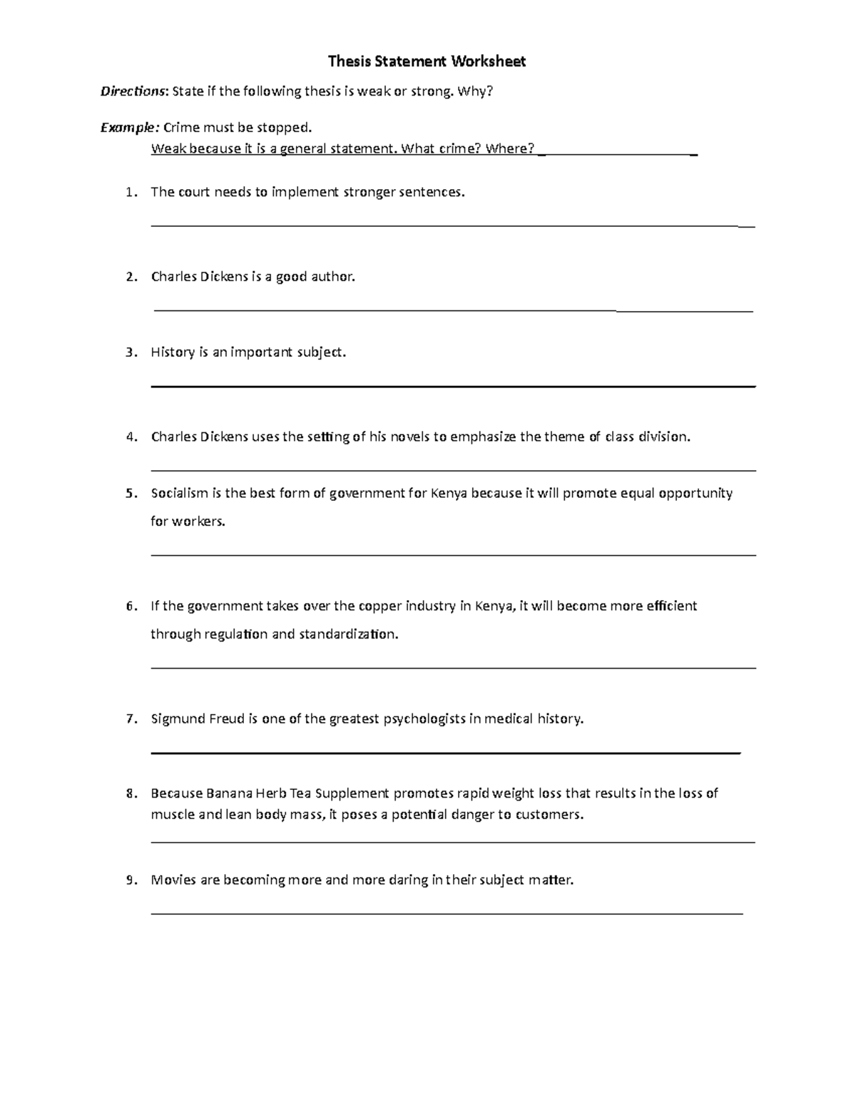 Thesis Statement Worksheet - Thesis Statement Worksheet Directions ...