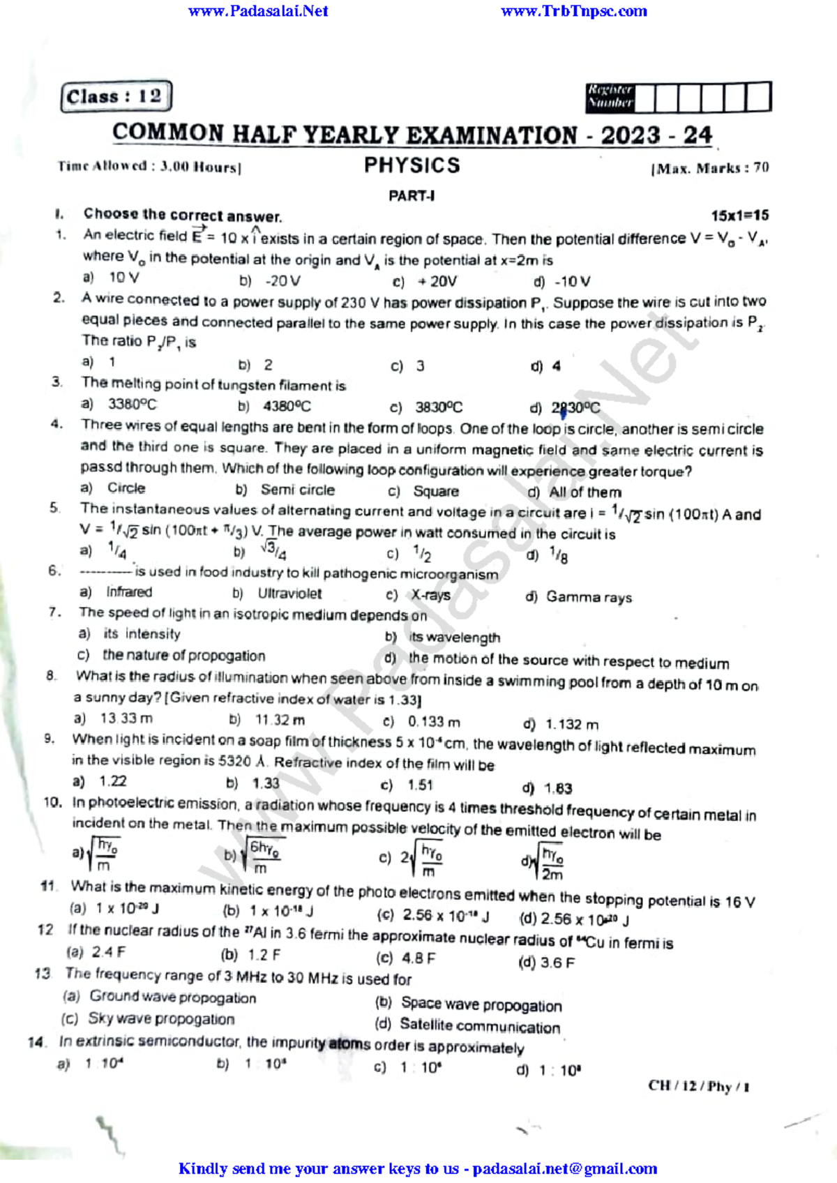 12th Physics EM Half Yearly Exam 2023 Question Paper Chennai District English Medium PDF ...