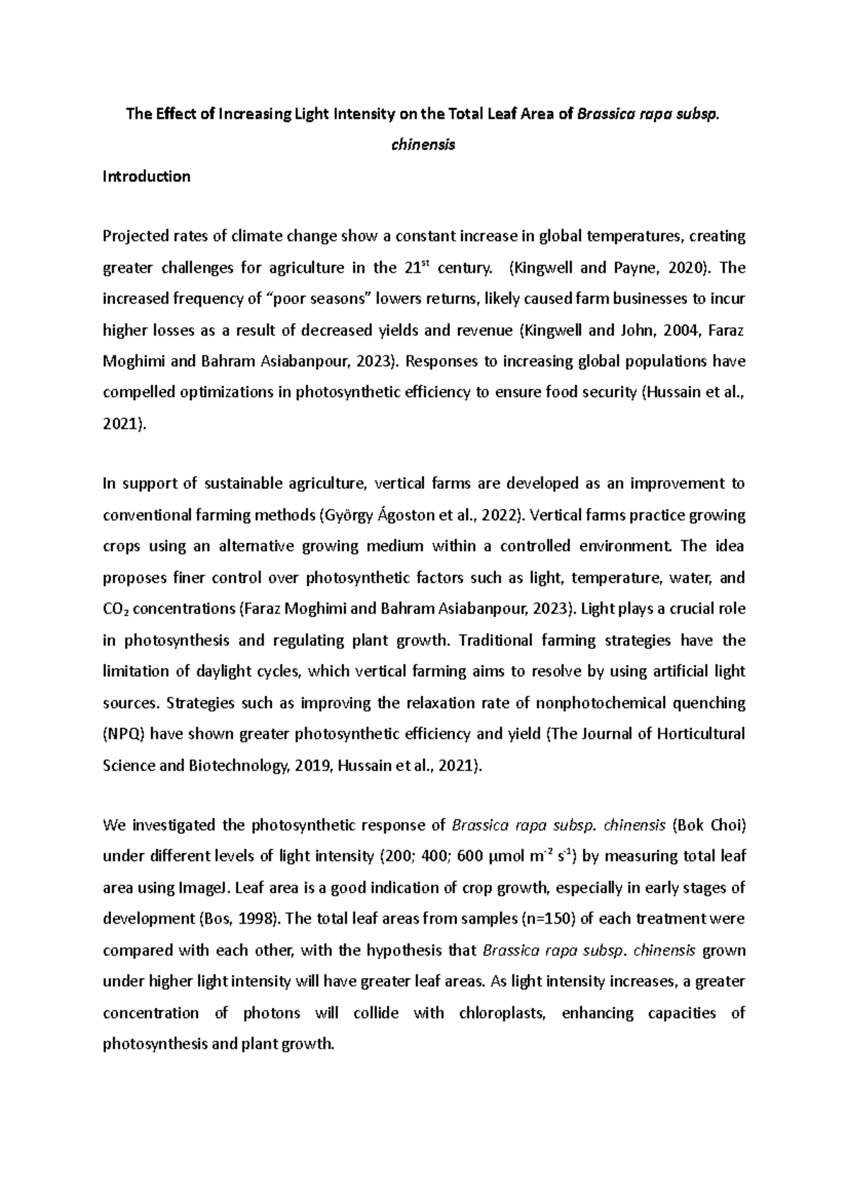 BIOL1007 report - The Effect of Increasing Light Intensity on the Total ...