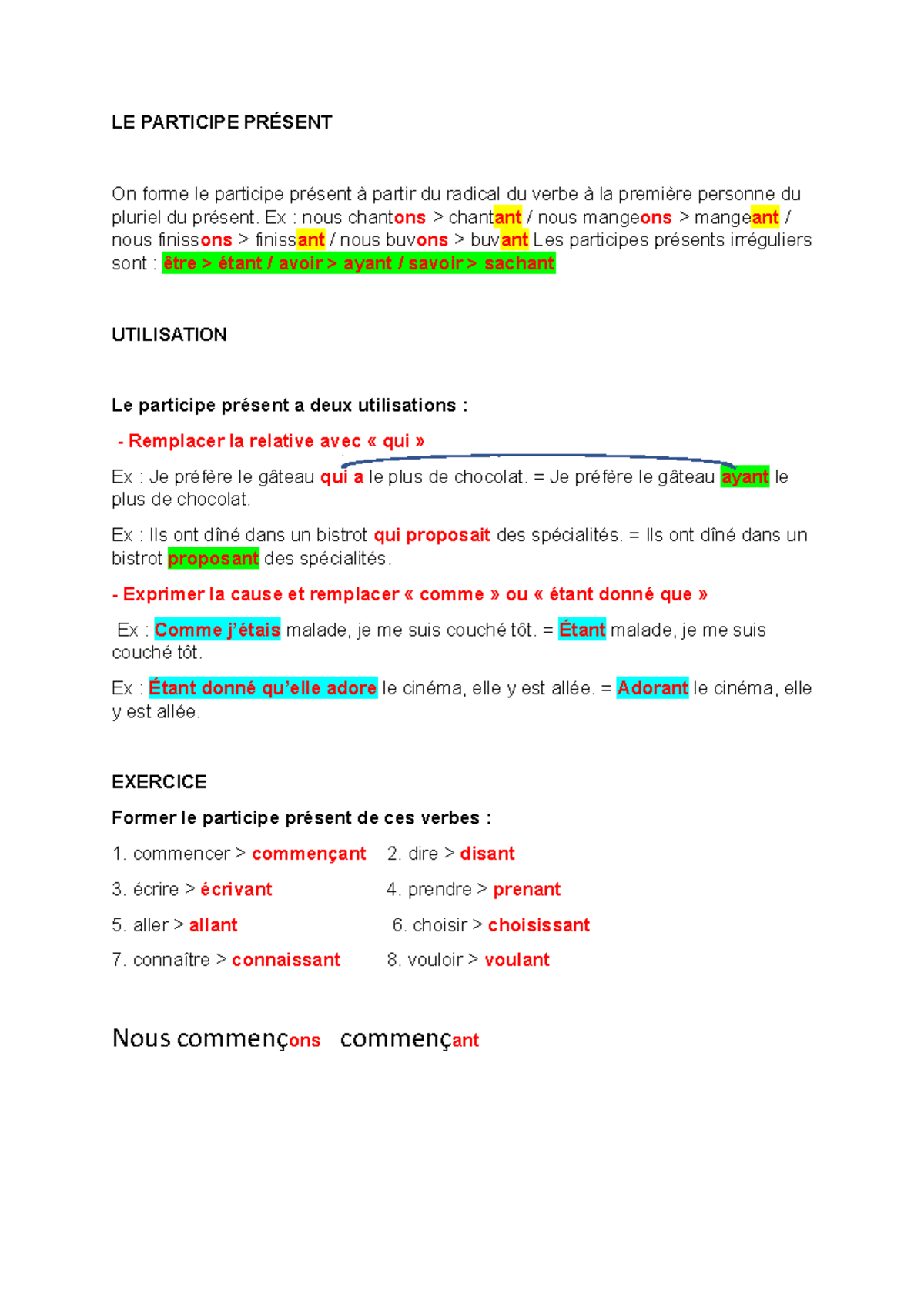 LE Participe PRÉSENT - ssss - LE PARTICIPE PRÉSENT On forme le ...