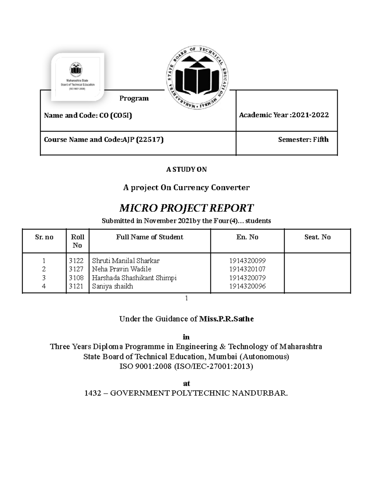 Ajp project report - ... - Program Name and Code: CO (CO5I) Academic Year :2021- Course Name and ...