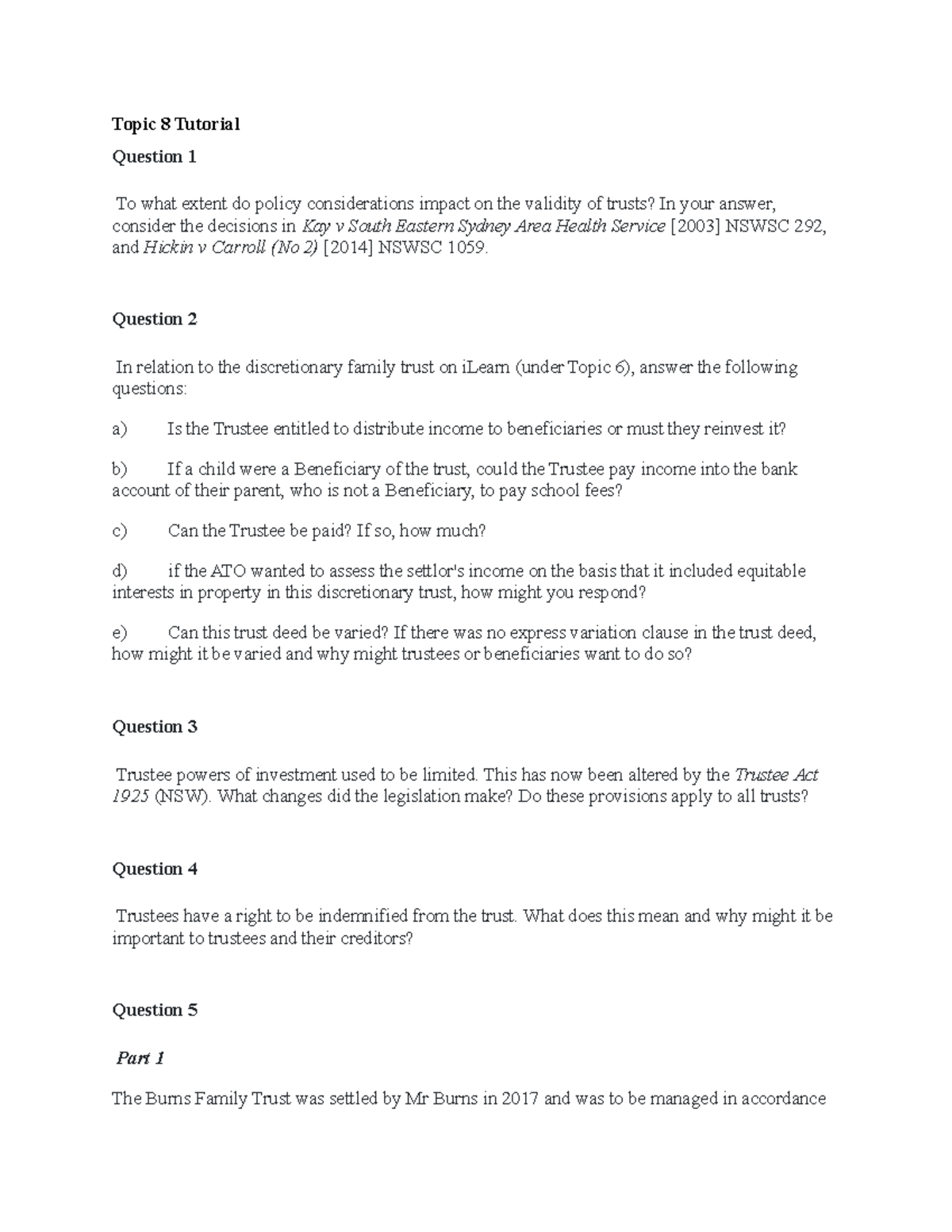 Week 8 - Duties, Powers, Rights of Trustees - Topic 8 Tutorial Question ...