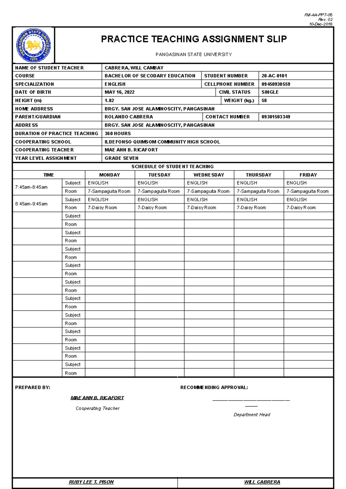 05 Practice Teaching Assignment Slip rev - MAE ANN B. RICAFORT ...