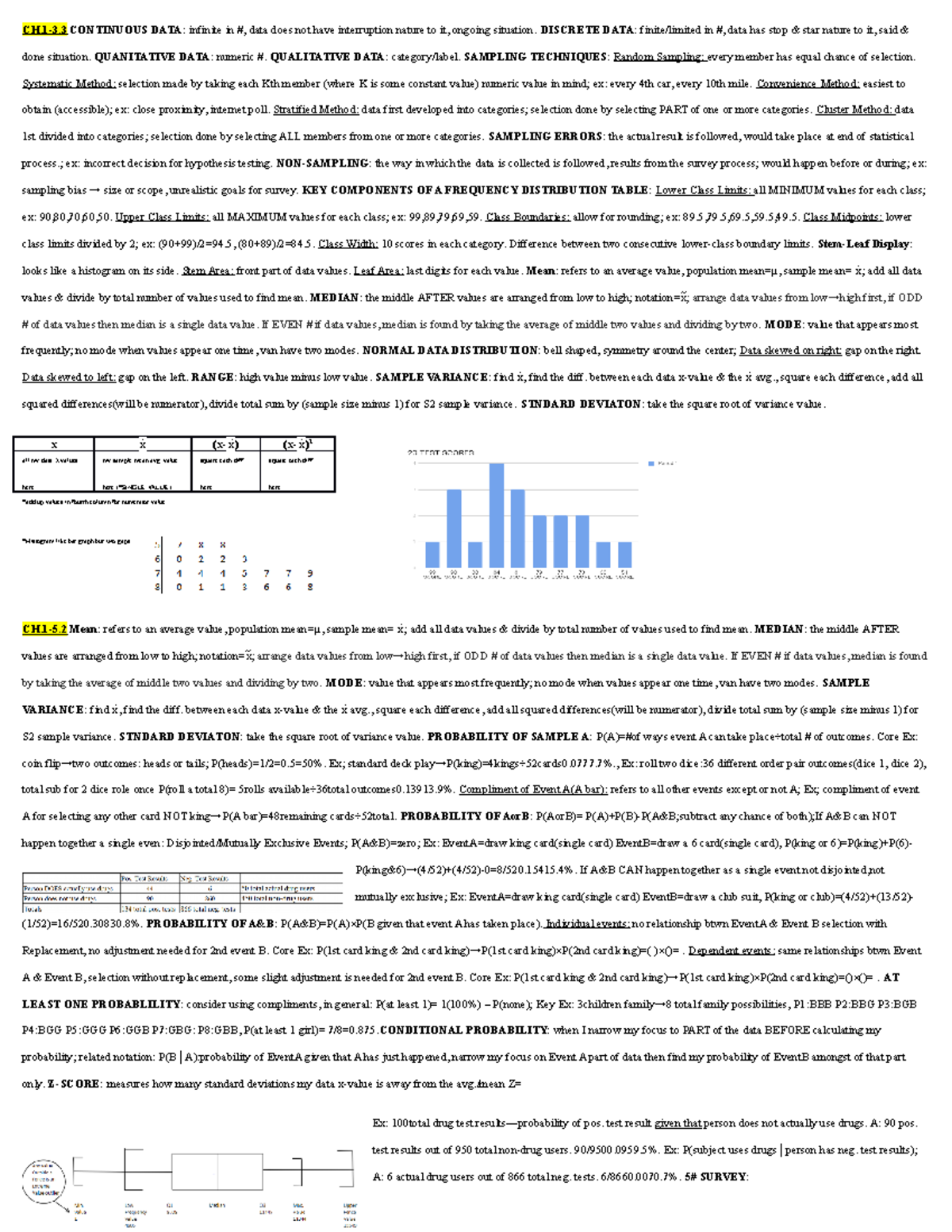 MATH110 Final EXAM Study Sheet - CH.1-3 CONTINUOUS DATA: infinite in ...