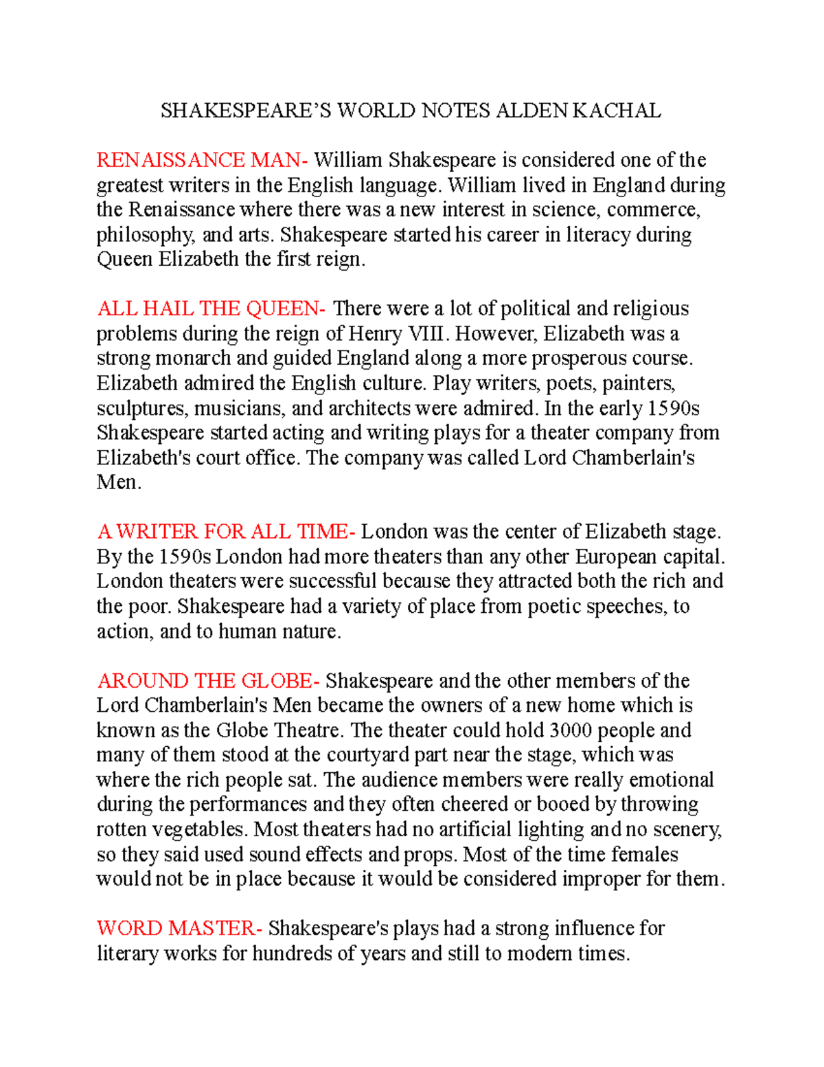 Shakespeares World - Notes on Shakespeare - SHAKESPEARE’S WORLD NOTES ...