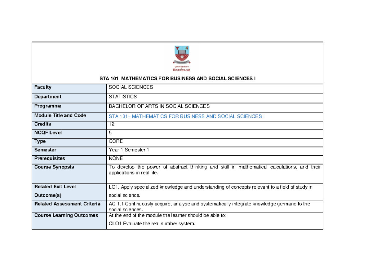 STA 101 BQA Course Outline 2024 - STA 101 MATHEMATICS FOR BUSINESS AND SOCIAL SCIENCES I Faculty ...