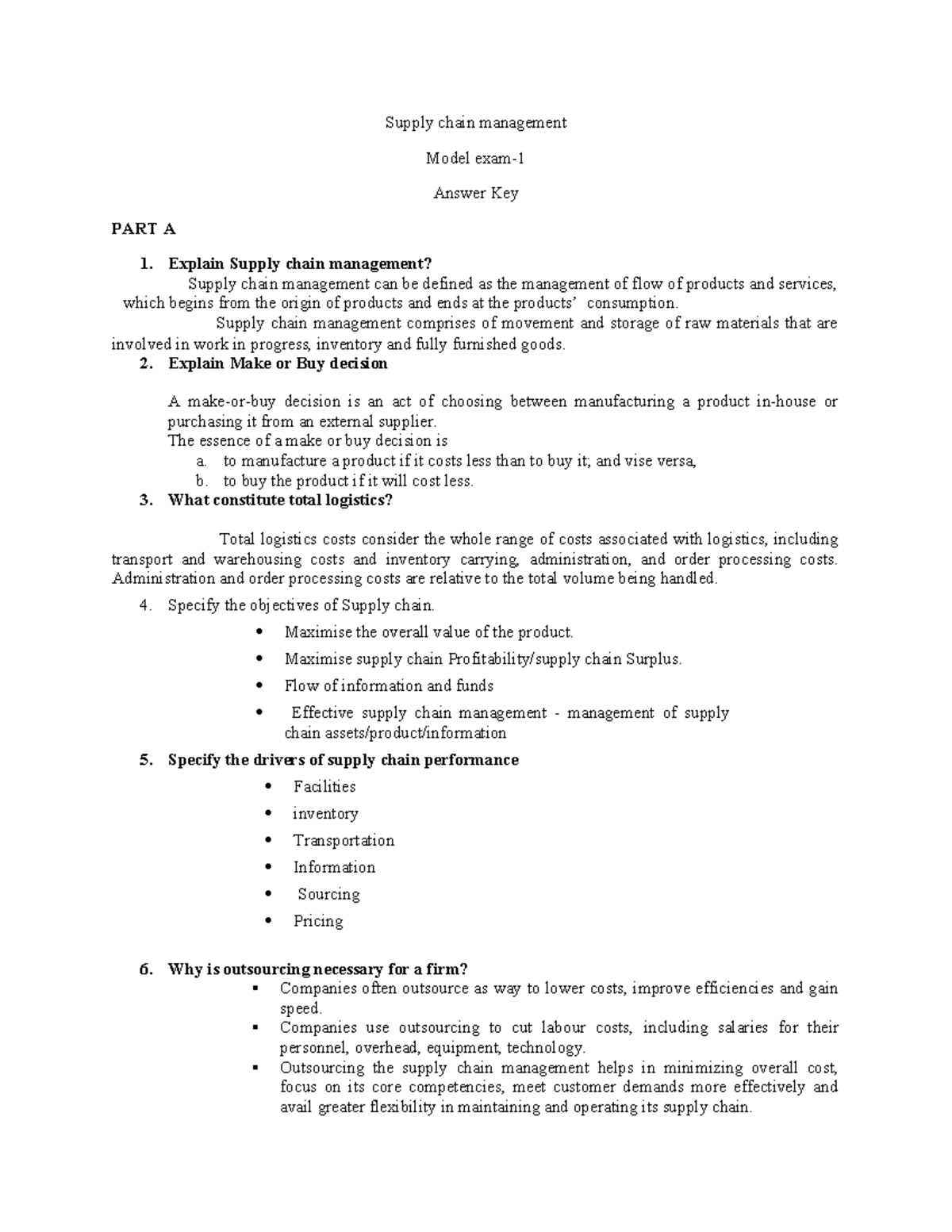 ANSWER KEY SUPPLY CHAIN - Supply chain management Model exam- Answer ...