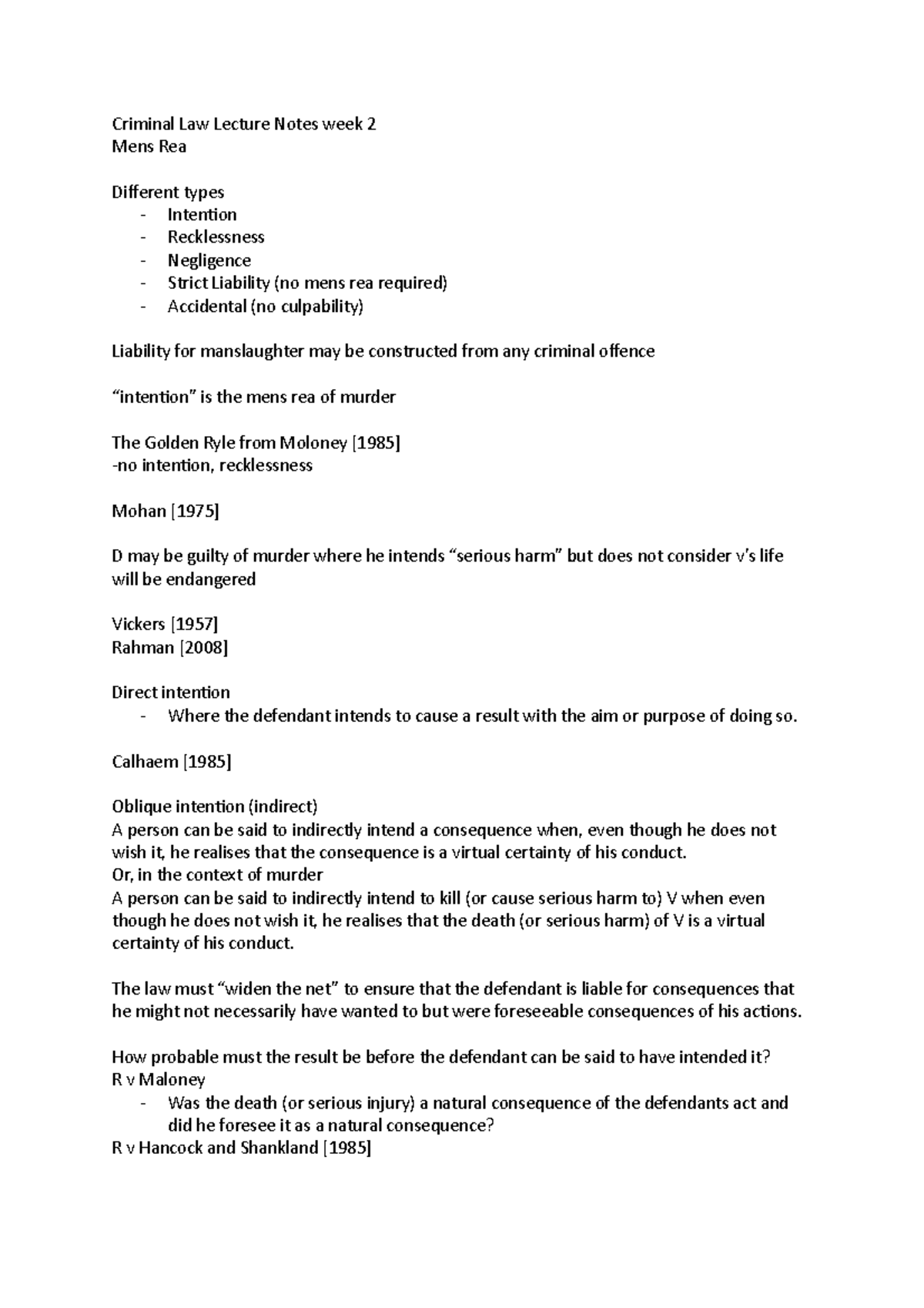 Criminal Law Lecture Notes week 2 - Calhaem [1985] Oblique intention ...