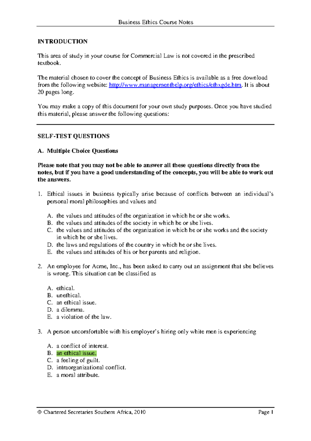 Business Ethics Course Notes For General Principles Of Commercial Law ...