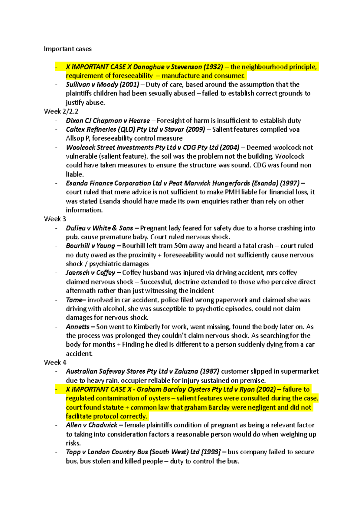 Important cases - case notes - Important cases X IMPORTANT CASE X ...